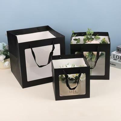 China Square Windowed Tote Bag Multi Industry Kraft Paper Carrier Bakery Bubble Tea Boutique Packaging Transparent Viewing Panel for sale