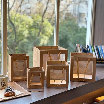 China Window Gift Bag Set Multi Size Kraft Pink Packaging Transparent Viewing Panel Natural Handle Carry Bags for sale