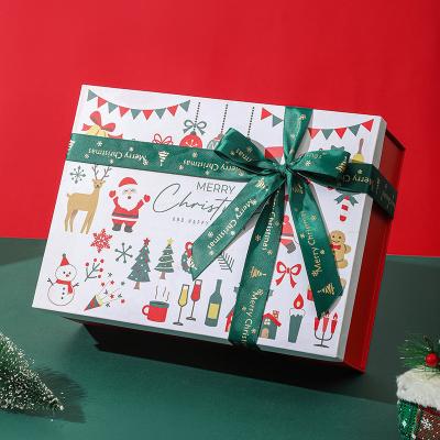 China Merry Christmas Gift Box Premium Red Holiday Packaging Heaven Earth Lid Design Green Ribbon Closure Scarf Glove Christmas Present Box for sale