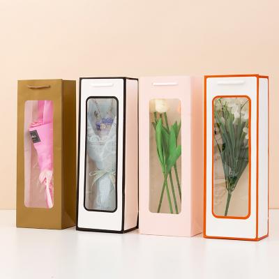 China Transparent Window Floral Gift Bags Universal Kraft Paper Wine Bottle & Fresh Flower Handbags Rectangular Design For Bouquet Packaging for sale
