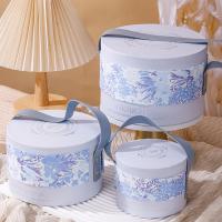China Floral Round Gift Box Set Elegant Wedding Birthday Favor Packaging Purple Blue Botanical Design Leather Carry Handles for sale