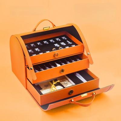 China Custom PU Leather Makeup Organizer Multi Layer Drawer Cosmetic Storage Box Beauty Salon Skincare Set Packaging Portable Carry Handle Design for sale