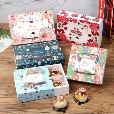 China Windowed Pastry Box 4pc 6pc Mooncake Cookie Packaging Handle Carry Design Floral Pattern Window Box for Egg Tarts Snowflake Cookies for sale