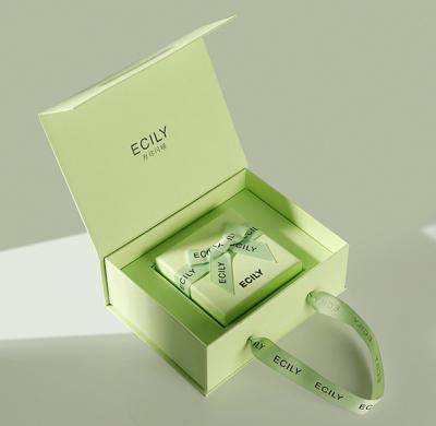 China Custom Jewelry Gift Box Mint Green Handled Packaging with Ribbon Closure Embossed Brand Logo Dual Compartment Design Cosmetic Perfume Box for sale