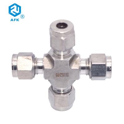 China AFK Stainless Steel 316 Union Cross Pipe Fittings 3-12mm OD Four Way Ferrule Joint with Dual Ferrule Design for sale