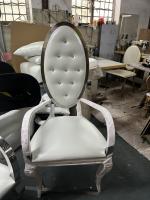 China WENDING Silver Stud-Rim Oval Armchair – White PU Leather Hotel Banquet Dining Chair for sale