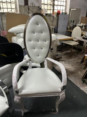 China WENDING Silver Stud-Rim Oval Armchair – White PU Leather Hotel Banquet Dining Chair for sale