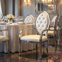 China WENDING Silver Stud-Rim Oval Armchair – White PU Leather Hotel Banquet Dining Chair for sale