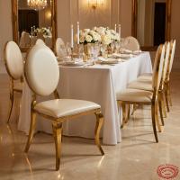 China WENDING Gold Oval Upholstered Cabriole Banquet Chair – Cream Leather Wedding Dining Chair for sale