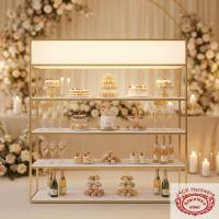 China WENDING Gold Frame White 4-Tier Wedding Display Rack – Lightbox Top Panel Event Shelf for sale