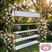 China WENDING Gold Frame White 4-Tier Wedding Display Rack – Lightbox Top Panel Event Shelf for sale