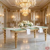 China WENDING Gold Ball-Bead Column Leg Mint Glass Dining Table – Luxury Wedding Banquet Table for sale