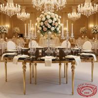 China WENDING Gold Ball-Node Leg Round Black Mirror Banquet Dining Table – Grand Wedding Table for sale