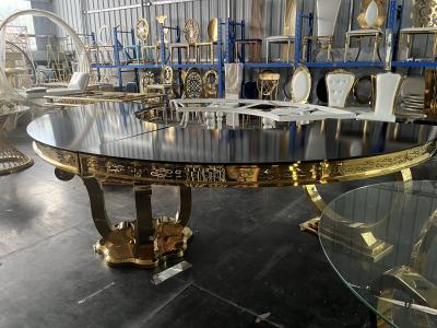 China WENDING Gold Carved Acanthus Skirt Round Banquet Table – Black Mirror Top Royal Wedding Table for sale