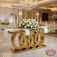 China WENDING Gold Chain-Link Oval Ring Base Dining Table – Olympic Rings Sculptural Hotel Table for sale