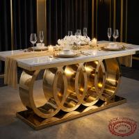 China WENDING Gold Chain-Link Oval Ring Base Dining Table – Olympic Rings Sculptural Hotel Table for sale