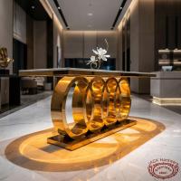 China WENDING Gold Chain-Link Oval Ring Base Dining Table – Olympic Rings Sculptural Hotel Table for sale