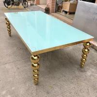 China WENDING Gold Crescent Crystal-Pendant Banquet Table – Mirror Glass Top Wedding Stage Table for sale