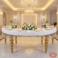 China WENDING Gold Crescent Crystal-Pendant Banquet Table – Mirror Glass Top Wedding Stage Table for sale