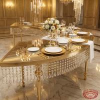 China WENDING Gold Crescent Crystal-Pendant Banquet Table – Mirror Glass Top Wedding Stage Table for sale