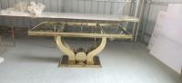 China WENDING Gold Curved Horn-Leg Rectangular Dining Table – Glass Top Hotel Banquet Table for sale
