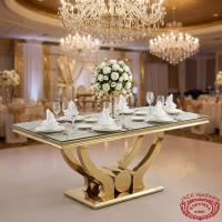China WENDING Gold Curved Horn-Leg Rectangular Dining Table – Glass Top Hotel Banquet Table for sale