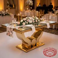 China WENDING Gold Curved Horn-Leg Rectangular Dining Table – Glass Top Hotel Banquet Table for sale