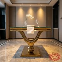 China WENDING Gold Curved Horn-Leg Rectangular Dining Table – Glass Top Hotel Banquet Table for sale
