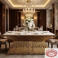 China WENDING Gold Fountain Tube-Bundle Base Marble-Top Dining Table – Sculptural Hotel Table for sale