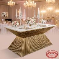 China WENDING Gold Fountain Tube-Bundle Base Marble-Top Dining Table – Sculptural Hotel Table for sale