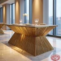 China WENDING Gold Fountain Tube-Bundle Base Marble-Top Dining Table – Sculptural Hotel Table for sale