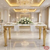 China WENDING Gold Geometric-Node Angled-Leg Dining Table – Splayed Faceted Joint Hotel Table for sale
