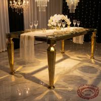 China WENDING Gold Geometric-Node Angled-Leg Dining Table – Splayed Faceted Joint Hotel Table for sale