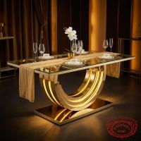 China WENDING Gold Multi-Arc Rainbow U-Base Glass Dining Table – Sculptural Hotel Banquet Table for sale