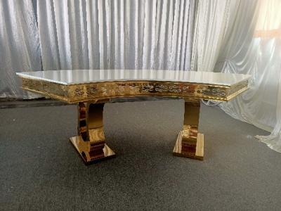 China WENDING Gold Ornate Carved Skirt Marble-Top Banquet Dining Table – Luxury Wedding Table for sale