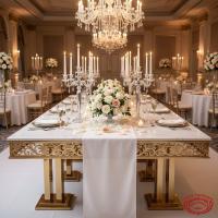 China WENDING Gold Ornate Carved Skirt Marble-Top Banquet Dining Table – Luxury Wedding Table for sale