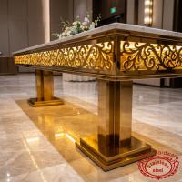 China WENDING Gold Ornate Carved Skirt Marble-Top Banquet Dining Table – Luxury Wedding Table for sale
