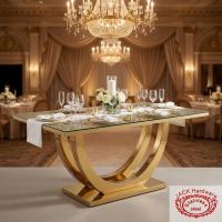 China WENDING Gold U-Arch Leg Rectangular Dining Table – Glass Top Modern Hotel Banquet Table for sale
