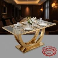 China WENDING Gold U-Arch Leg Rectangular Dining Table – Glass Top Modern Hotel Banquet Table for sale
