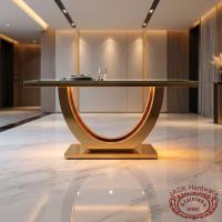 China WENDING Gold U-Arch Leg Rectangular Dining Table – Glass Top Modern Hotel Banquet Table for sale