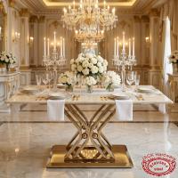 China WENDING Gold X-Twist Arc-Tube Central Base Marble Dining Table – Sculptural Hotel Table for sale