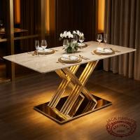 China WENDING Gold X-Twist Arc-Tube Central Base Marble Dining Table – Sculptural Hotel Table for sale