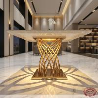 China WENDING Gold X-Twist Arc-Tube Central Base Marble Dining Table – Sculptural Hotel Table for sale