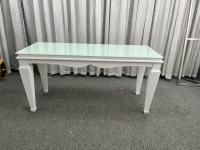 China WENDING White Wavy-Skirt Green Glass Rectangular Dining Table – European Banquet Table for sale