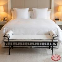 China WENDING Black Iron Scrollwork Bed End Bench – White Bolster Ottoman Hotel Bedroom Bench for sale