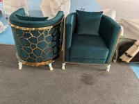 China WENDING Emerald Green Velvet Honeycomb Barrel Armchair Pair – Gold Frame Hotel VIP Chair for sale