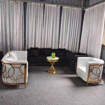 China WENDING Gold Ring Frame Sofa Set – Black Sofa + White Barrel Chairs + Coffee Table Combo for sale