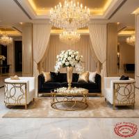China WENDING Gold Ring Frame Sofa Set – Black Sofa + White Barrel Chairs + Coffee Table Combo for sale