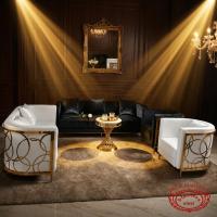 China WENDING Gold Ring Frame Sofa Set – Black Sofa + White Barrel Chairs + Coffee Table Combo for sale