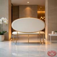 China WENDING White Oval-Back Double Bench Sofa – Minimalist Gold Trim Hotel Loveseat for sale